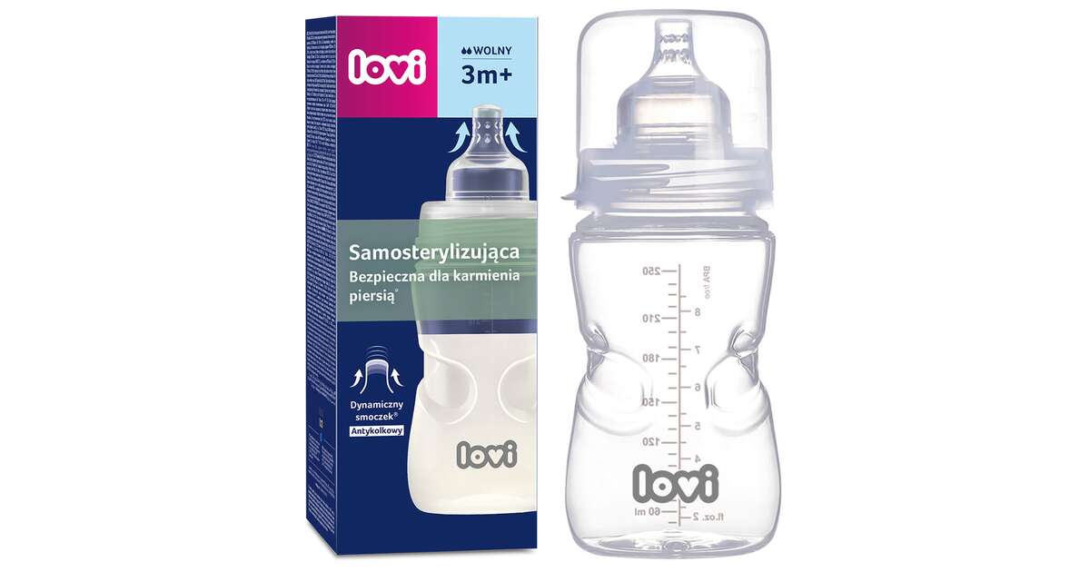 LOVI Butelka do karmienia antykolkowa samosterylizująca 250ml smoczek wolny przepływ 3m+